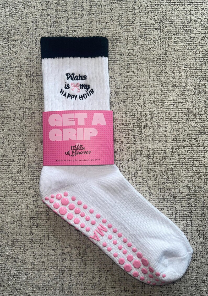 Pilates Happy Hour Embroidered Grip Socks L Non-slip Grip for Pilates ...