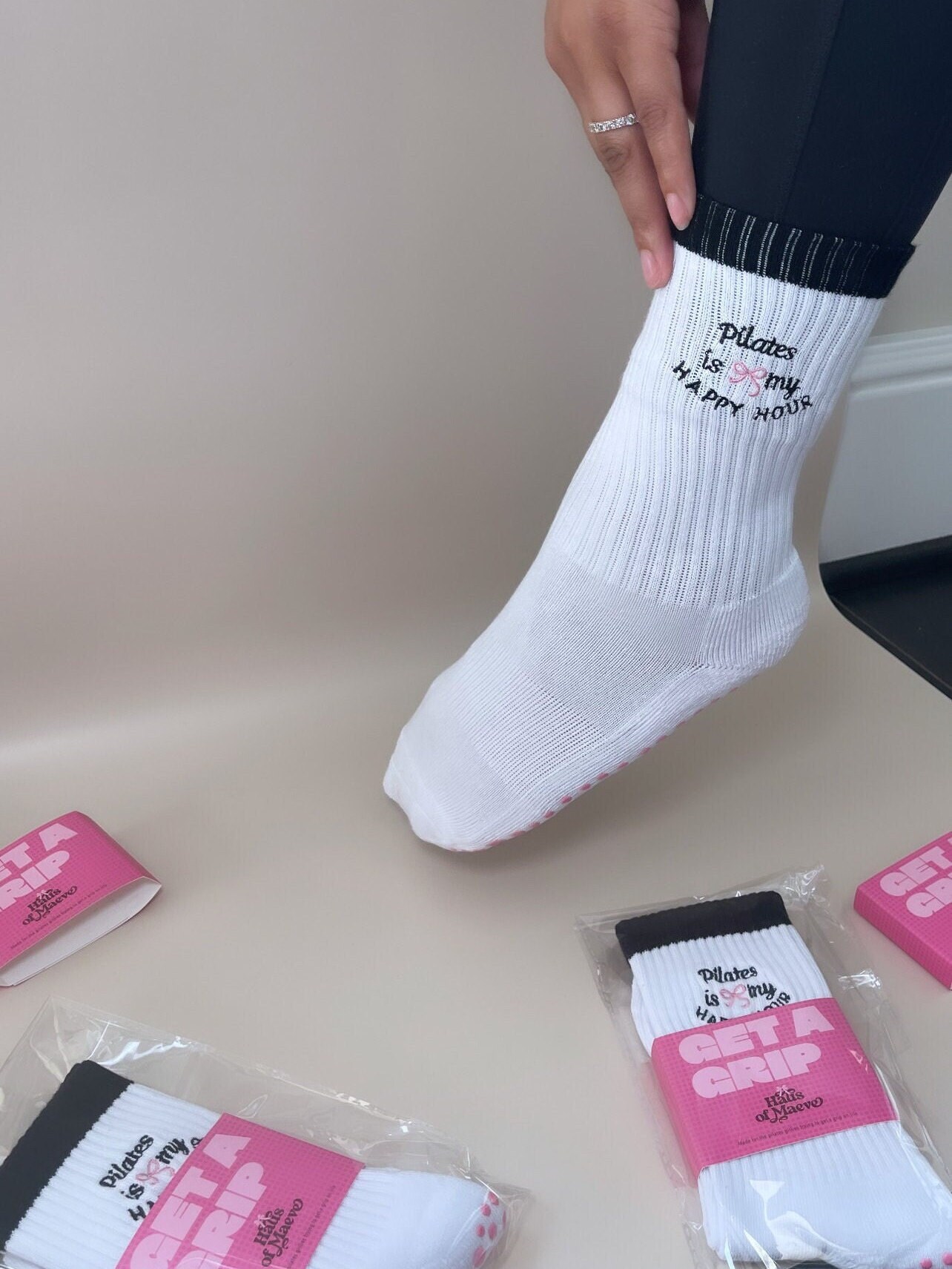 Pilates Happy Hour Embroidered Grip Socks L Non-slip Grip for Pilates ...