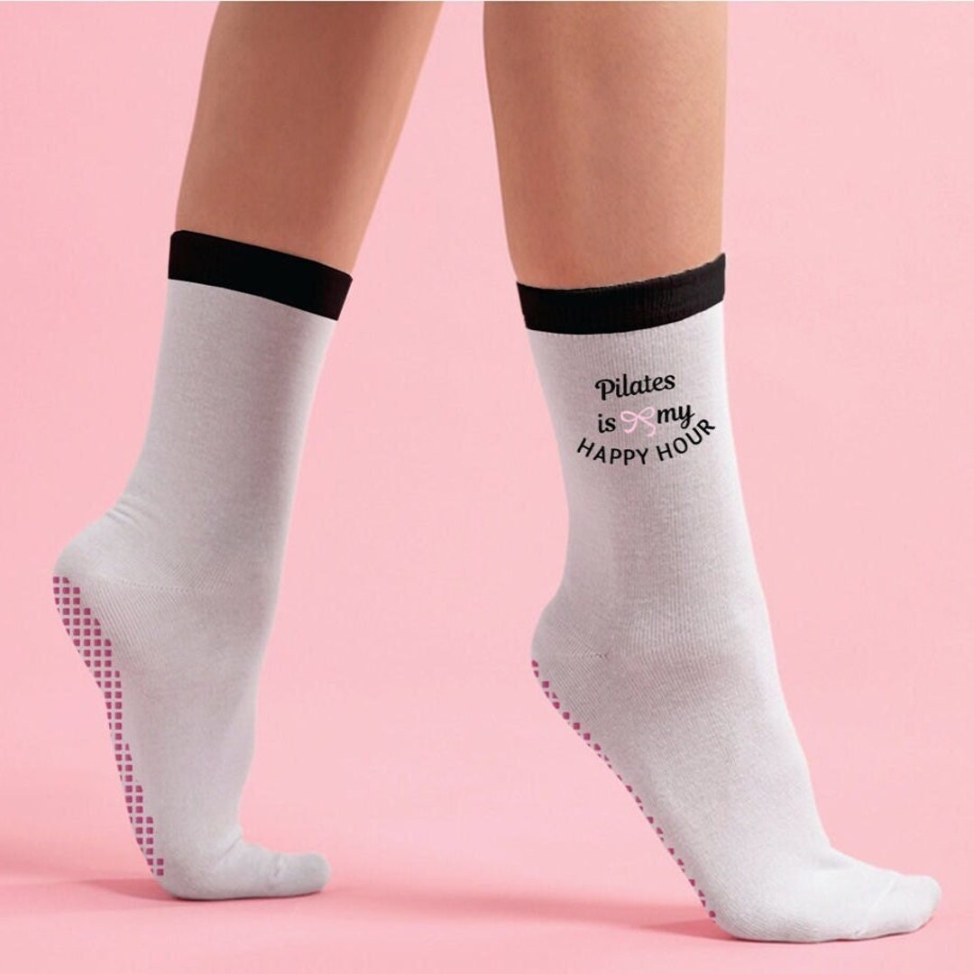Pilates Happy Hour Embroidered Grip Socks L Non-slip Grip for Pilates ...