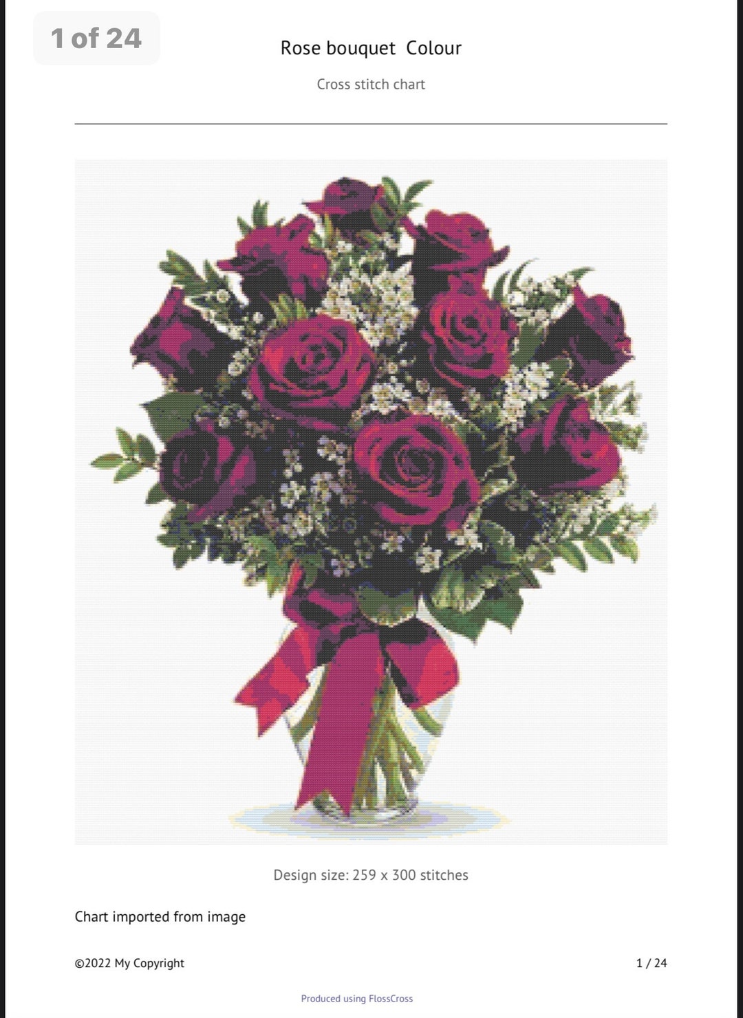 Red Rose Bouquet Cross Stitch Pattern DMC Thread Instant Download Rose ...