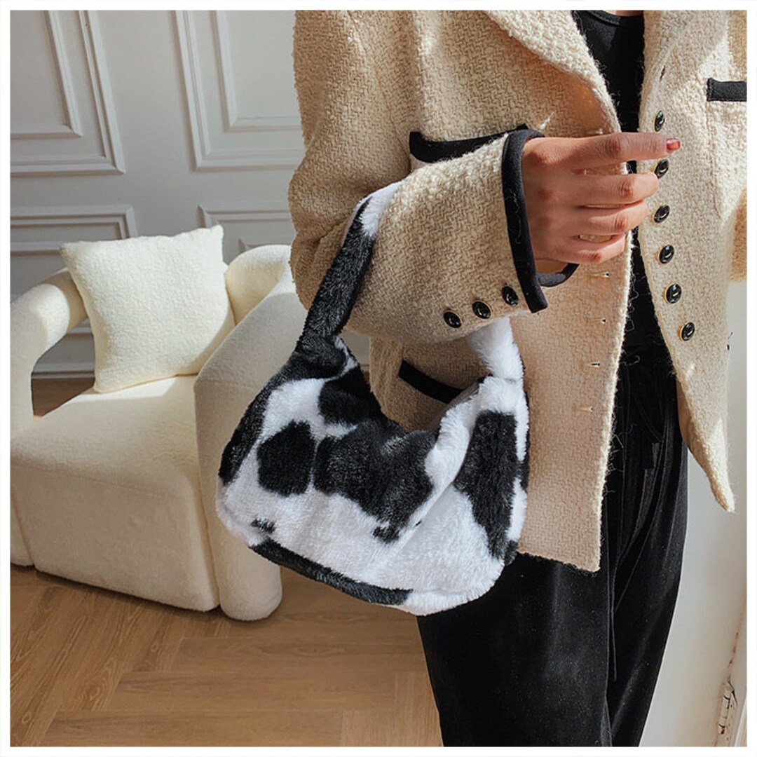 Cute Cow Pattern Fluffy Plush Wrist and Handle Purse Flower Plush ...