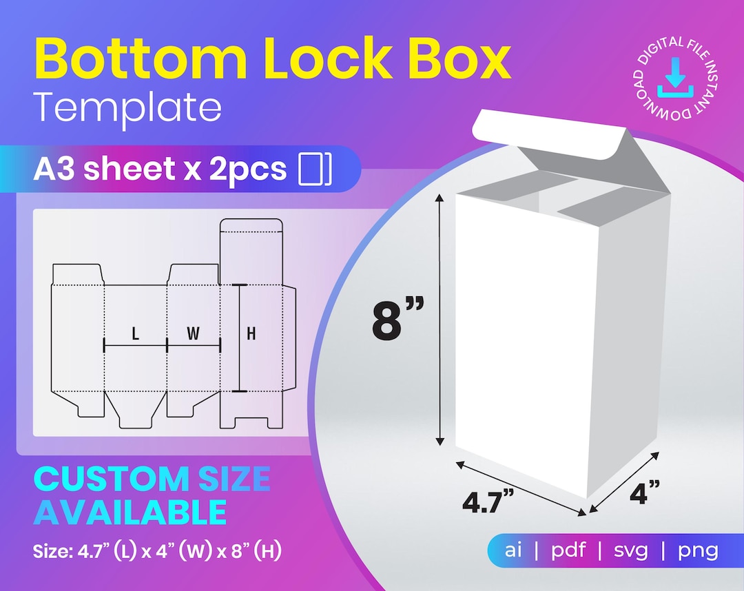 Bottom Lock Box Template, Auto Lock Box Template, Gift Box SVG, Ai, PDF, PNG, A3 Sheet ...
