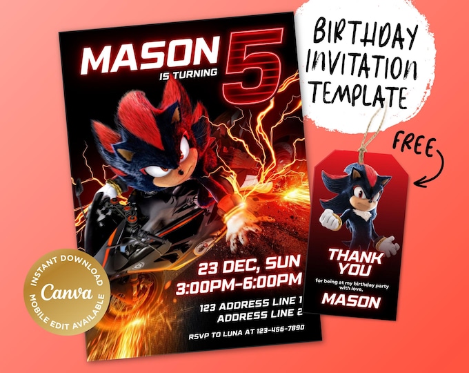 Editable Shadow Knuckles Birthday Invitation, Sonic the Hedgehog Kids ...