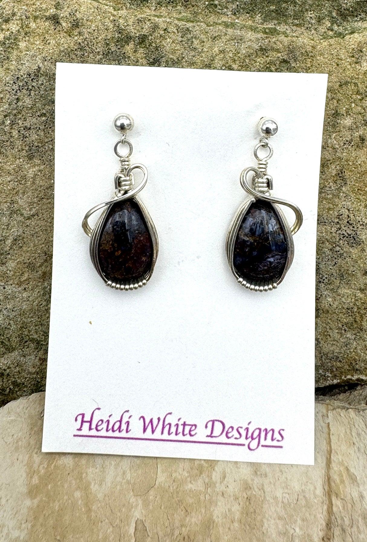 Heidi White Designs Wire Wrapped Blue Pietersite Earrings in Sterling ...