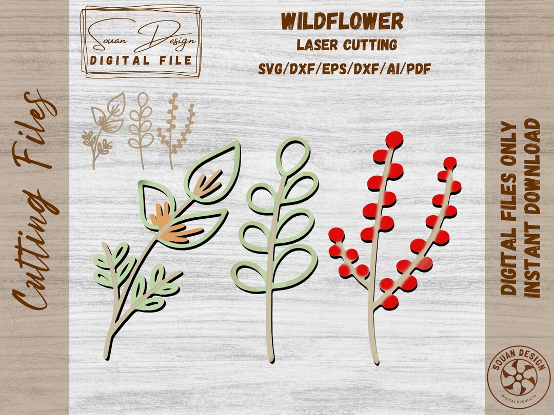 Wildflowers SVG - Laser Cut File, Wooden Flowers, Plant Vector Drawing ...