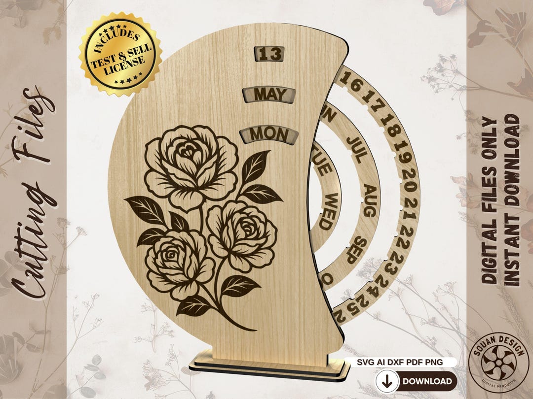 Rose Perpetual Calendar SVG – Floral Rotating Date Keeper for Laser ...