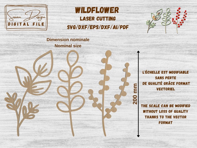 Wildflowers SVG Laser Cut File, Wooden Flowers, Plant Vector Drawing ...