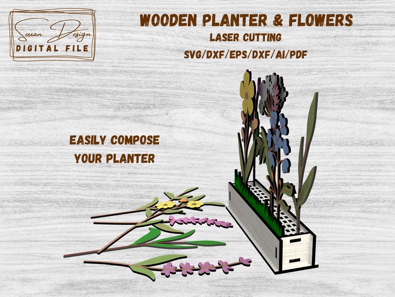 Wooden Wildflower Planter SVG File for Laser Cutting, Vector Graphics ...