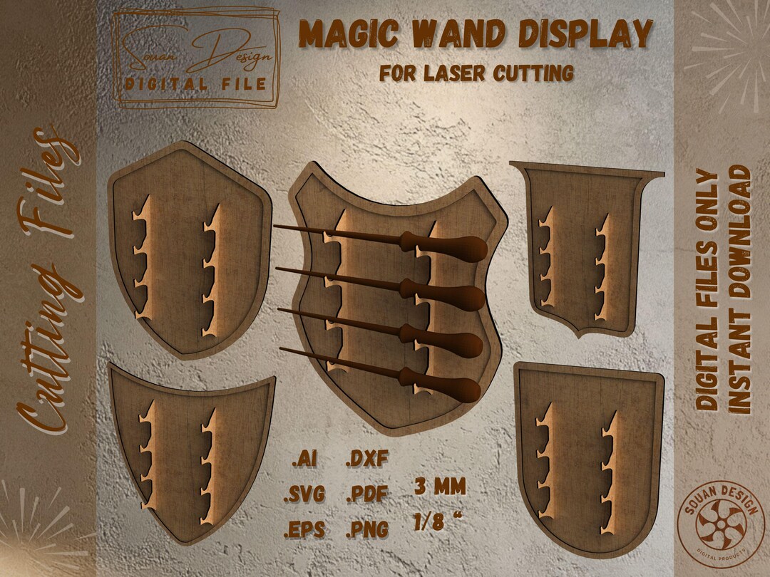 Set of 5 Magic Wand Displays - Wooden Shield Wall Art for Laser Cutting ...
