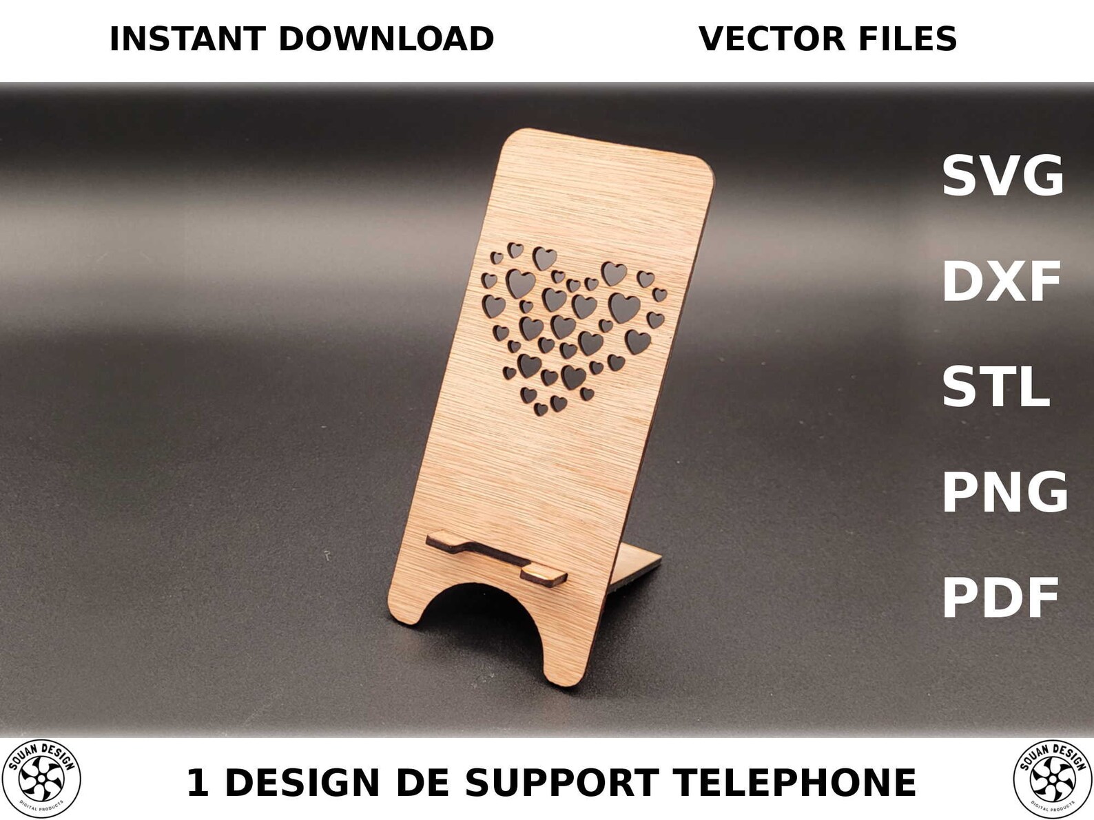 Support téléphone SVG avec des cœurs, support smartphone en dessin vectoriel format SVG, DXF ...