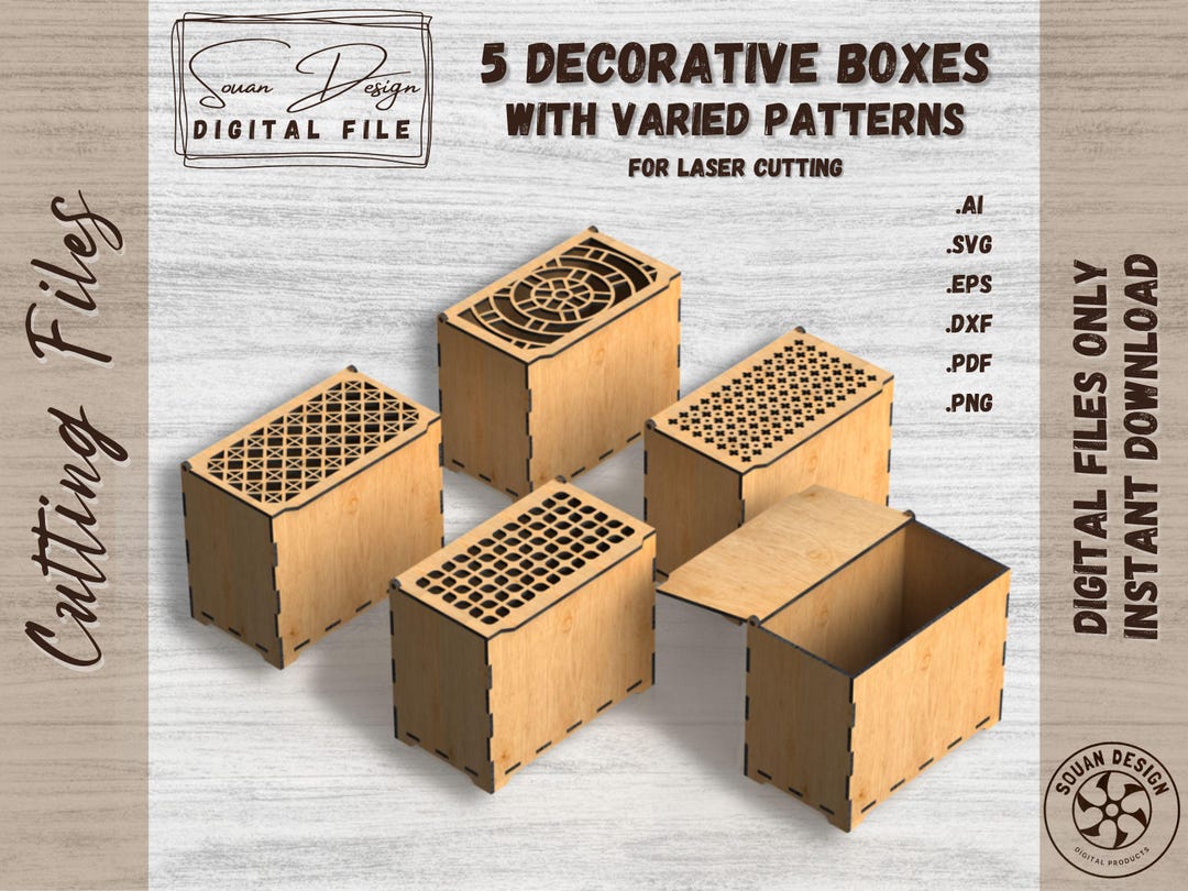 5 Wooden Boxes With Hinged Lid (SVG) | Laser Cut Files With Decorative ...