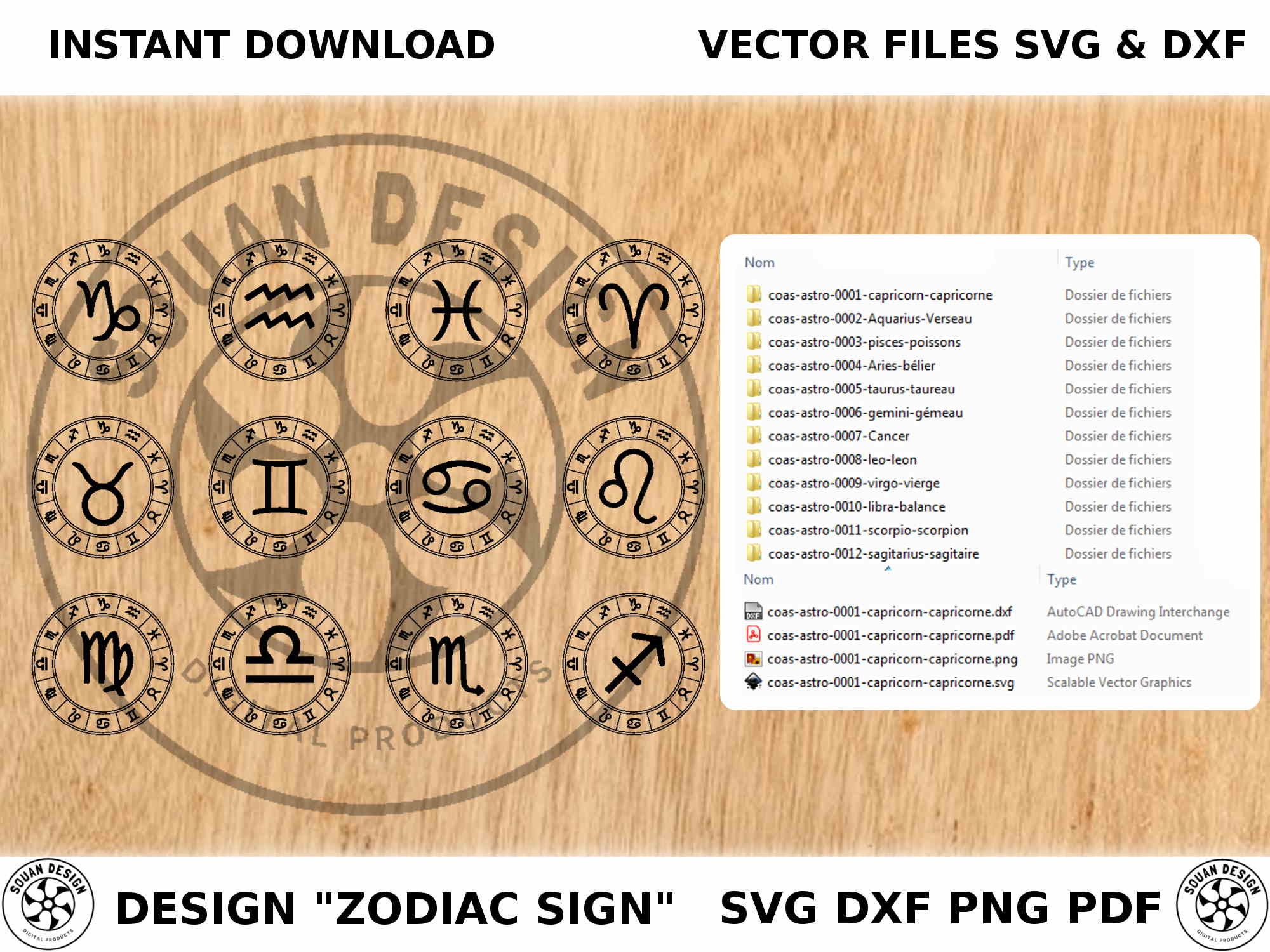12 Zodiac Symbols on Coasters for Laser Cutting and Engraving ...