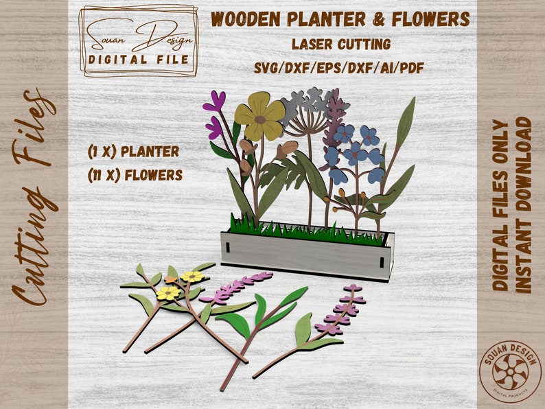 Wooden Wildflower Planter SVG File for Laser Cutting, Vector Graphics ...