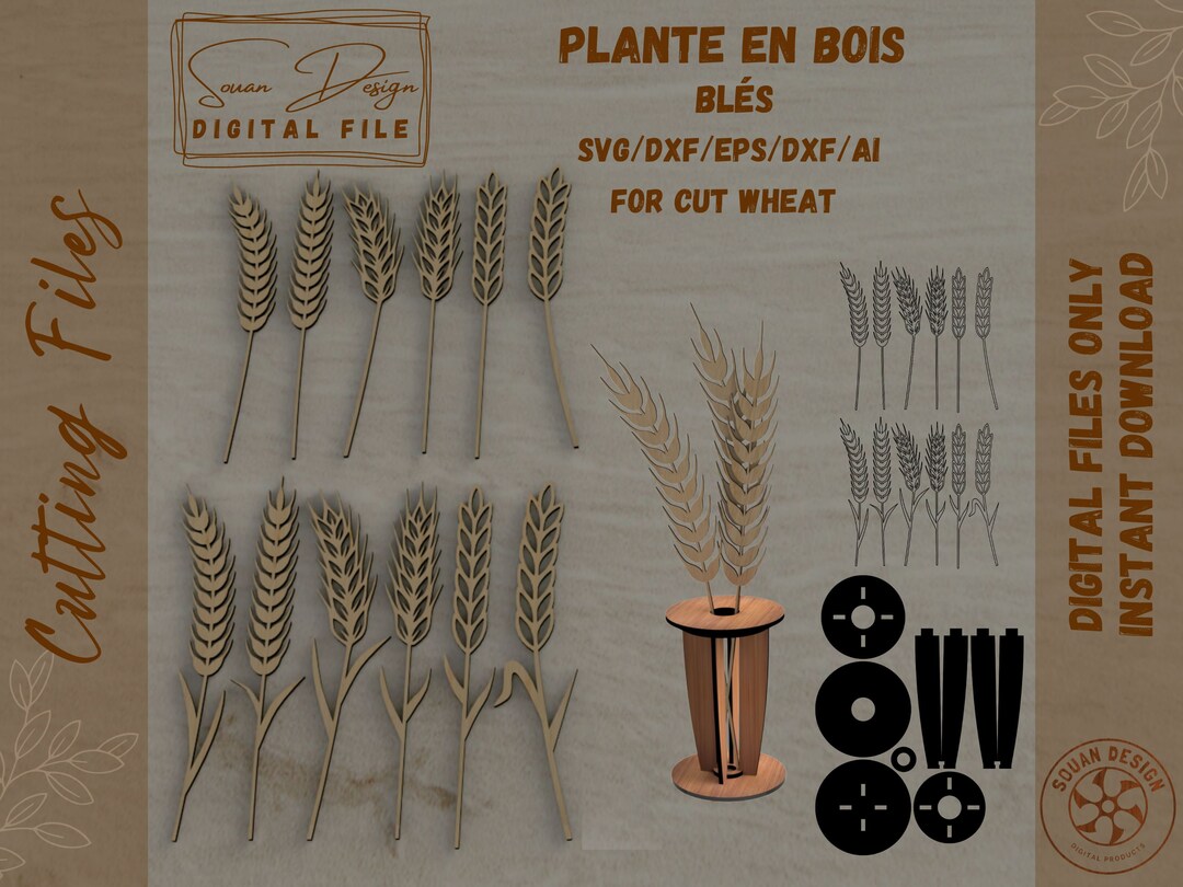 Wheat Strands SVG, Laser Cutting File, Wooden Flowers, Plant SVG Vector ...