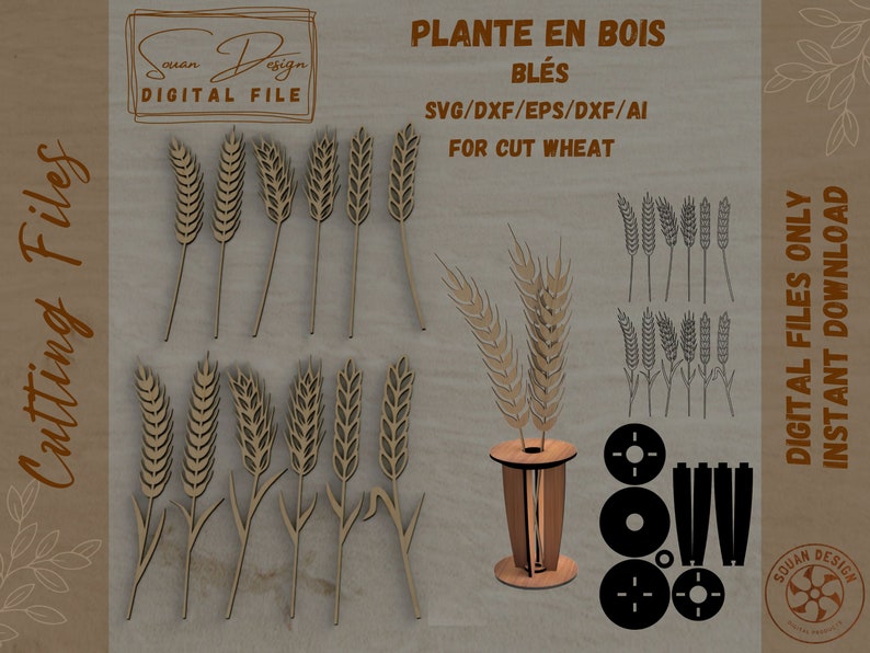 Wheat Strands SVG, Laser Cutting File, Wooden Flowers, Plant SVG Vector ...