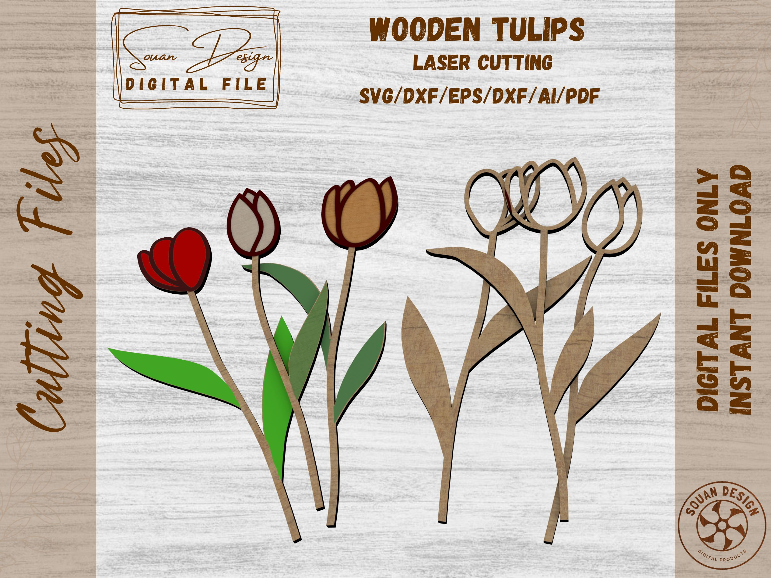 Tulips SVG Laser Cut File, Wooden Flowers, Plant SVG Vector Graphics ...