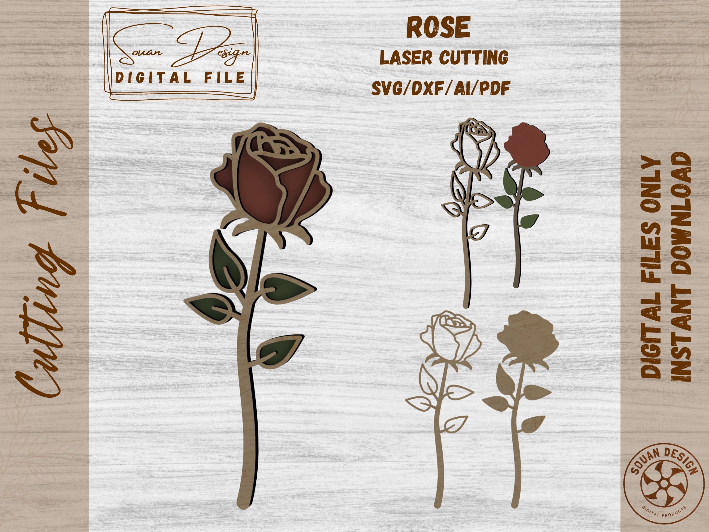 Rose SVG - Laser Cut File, Wooden Flowers, Plant SVG Vector Graphics ...