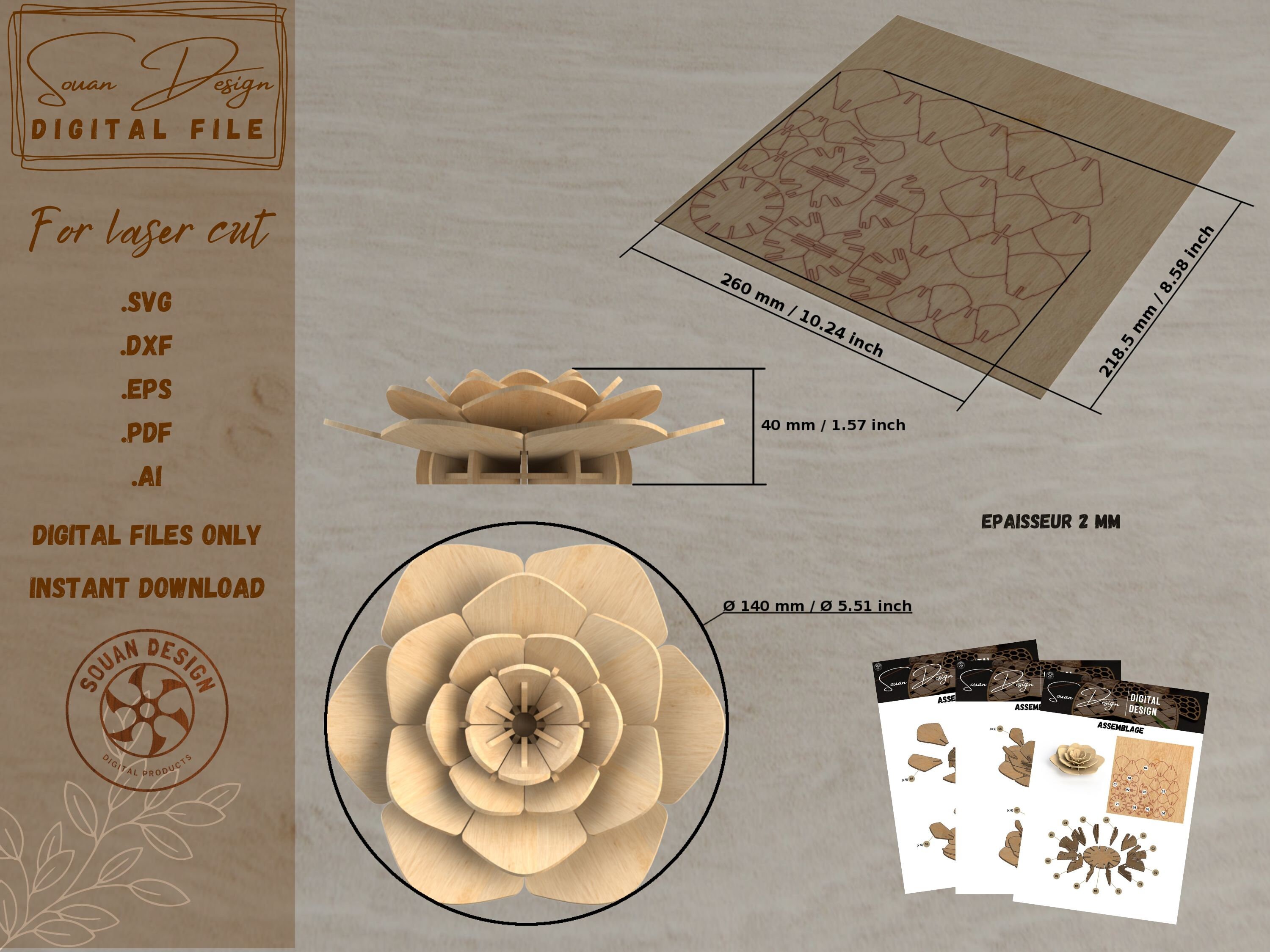 3D Puzzle Lotus Flower Laser Cut File Wooden Flower SVG Vector Graphics ...