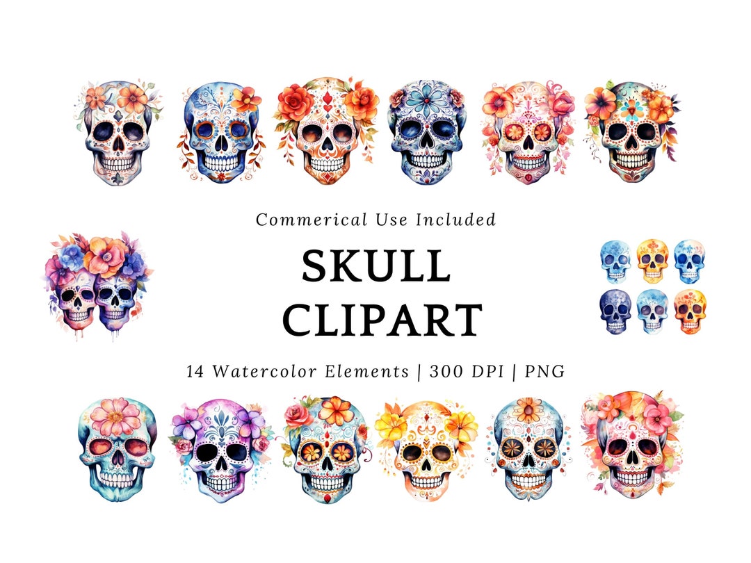 Watercolor Skull Clipart Set Day of the Dead/ Dia De Los - Etsy