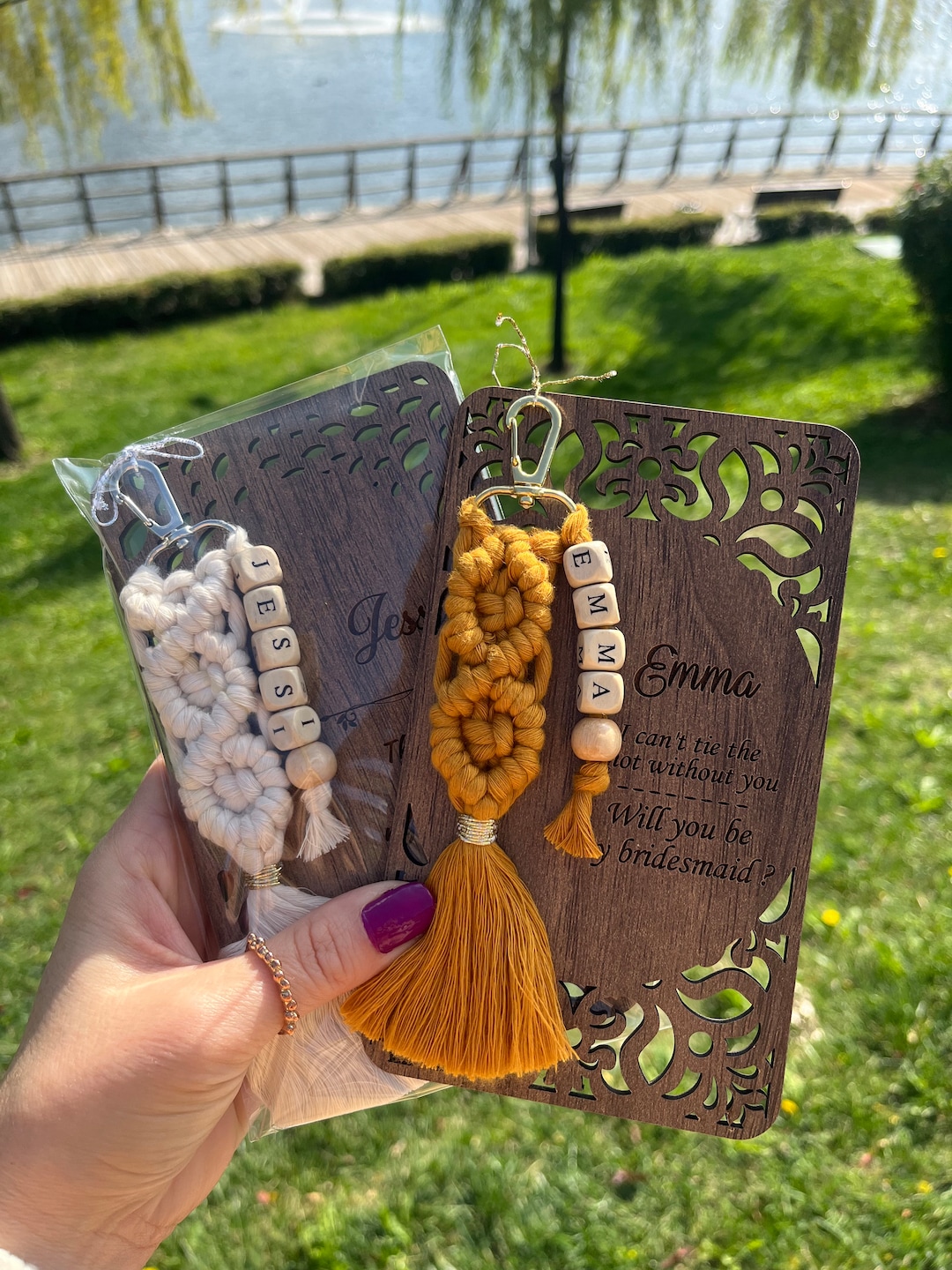 Personalized Wooden and Macrame Keychains, Wedding Gift for Bridesmaid ...