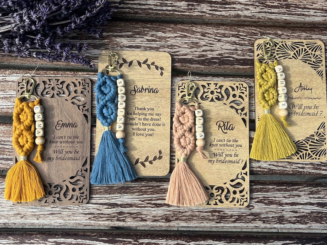 Personalized Wooden and Macrame Keychains, Wedding Gift for Bridesmaid ...
