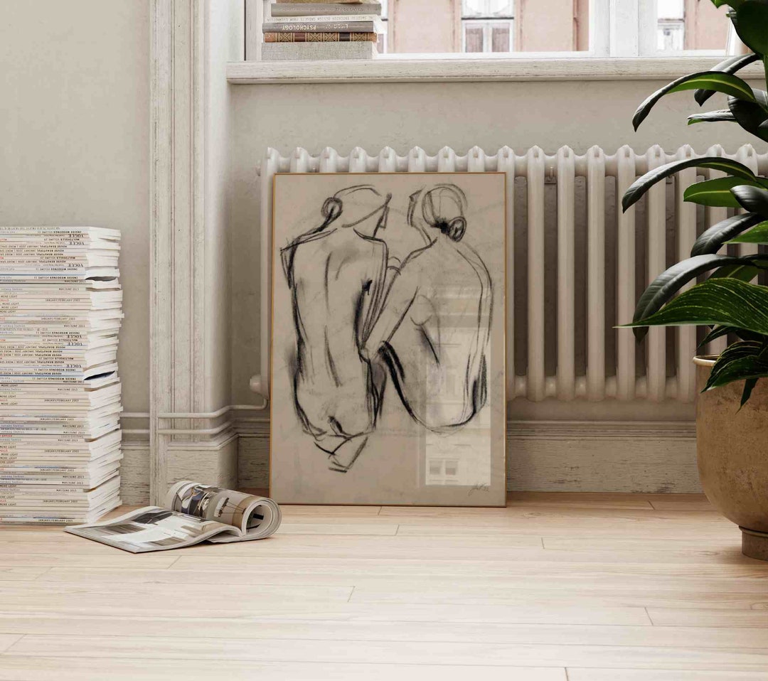 Antique Female Lovers Sketch Drawing Vintage Lesbianism Print Wall