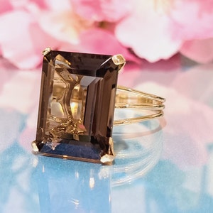 Brown Smoky Quartz Ring * 14k Solid Gold 16x12mm Emerald Cut Natural ...