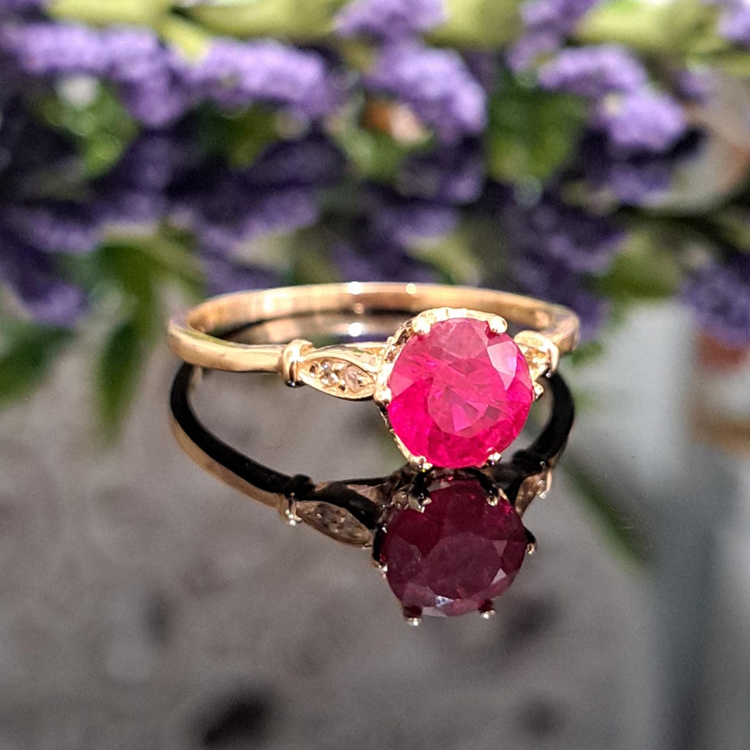 Ruby 14k Solid Gold Ring, 7mm Lab Grown Red Ruby, Natural Diamond ...