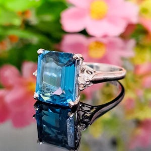Topaz 14k Solid Gold Ring: Natural London Blue Topaz 12x10 Emerald Cut ...
