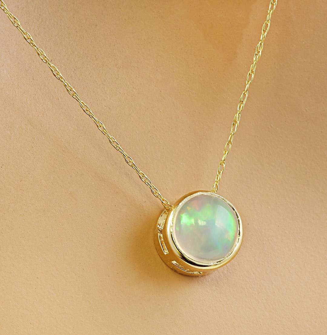 Opal Necklace, 14k Solid Gold Pendant & Chain, 7mm Natural Multicolor ...