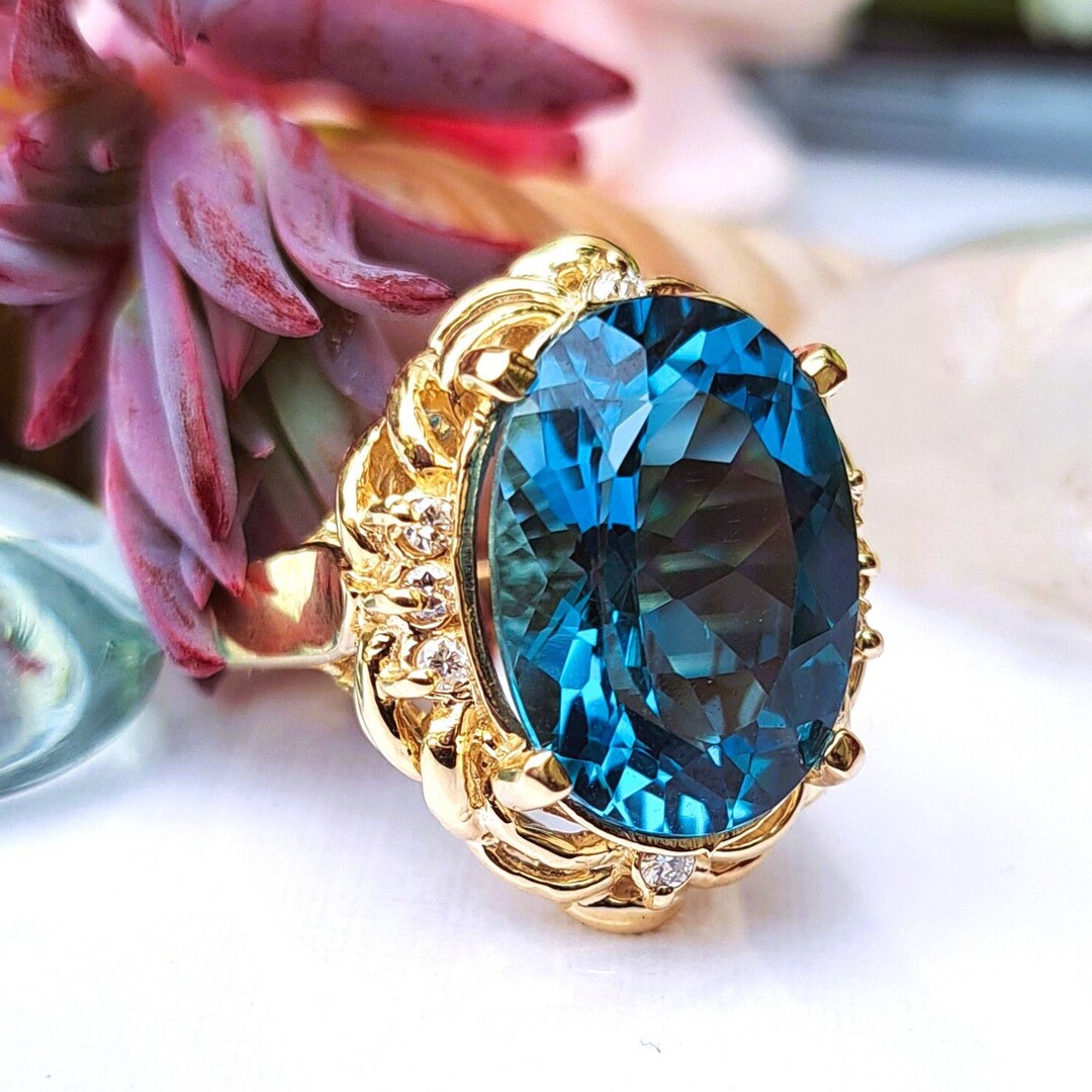 London Blue Topaz Gold Ring 14K Solid Gold 10.60 Carat Natural Topaz ...