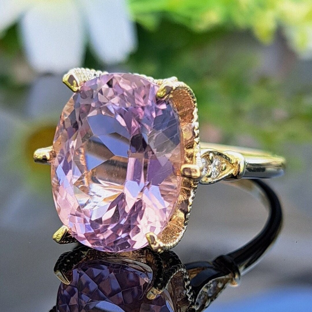 Kunzite Gold Ring 14k Solid Gold 10.70 Carat Natural Kunzite & Diamonds ...