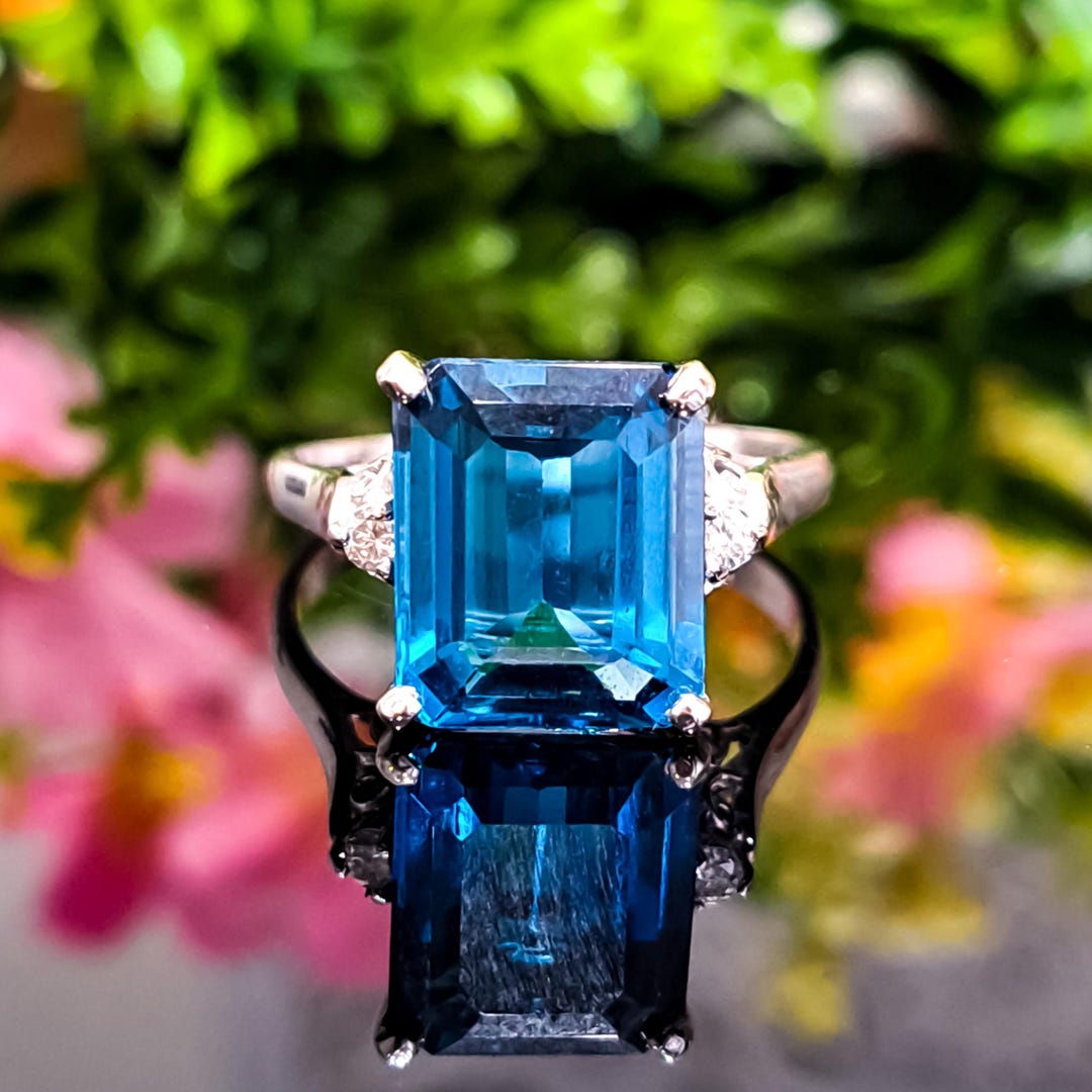 Topaz 14k Solid Gold Ring: Natural London Blue Topaz 12x10 Emerald Cut ...