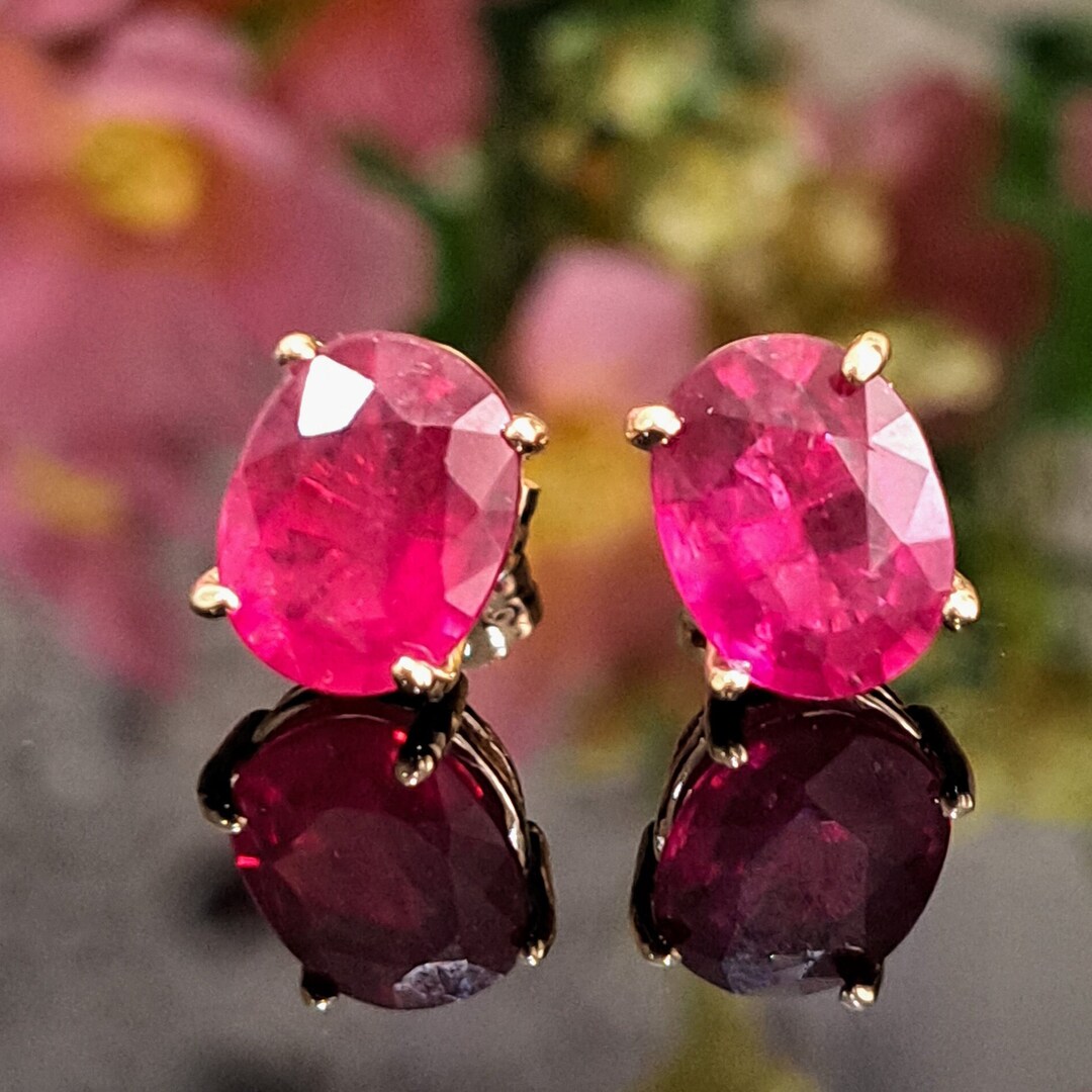 14k Solid Gold Red Ruby Stud Earrings, 9x7mm Gemstone - Etsy