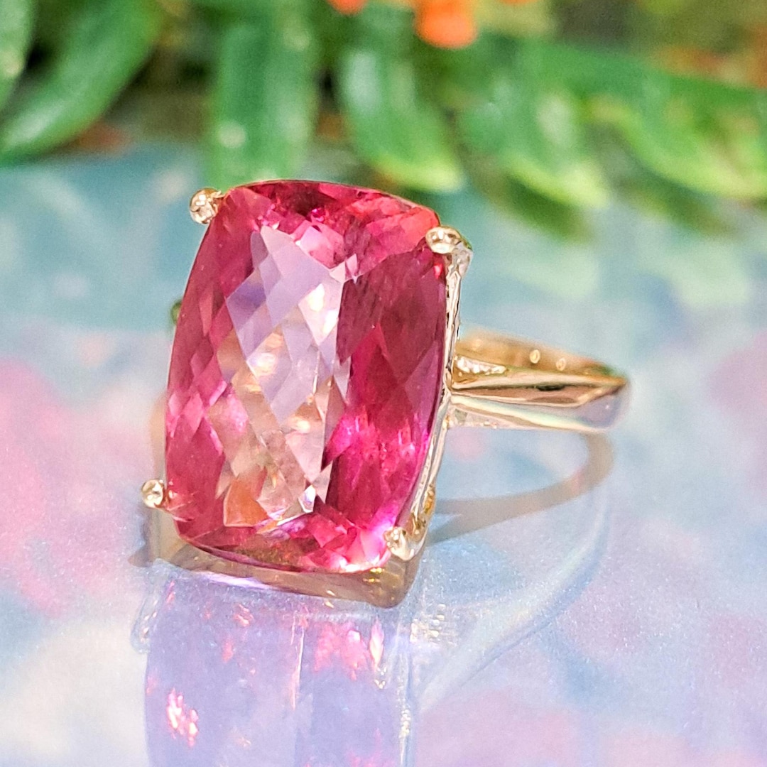 Pink Topaz Ring, 14k Solid Gold, Natural Topaz, 14x10 Cushion Cut ...