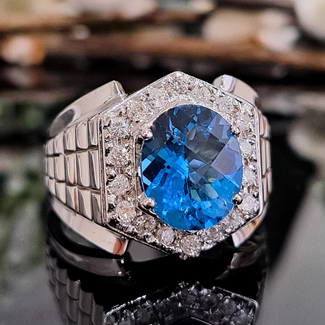 Men's Topaz Ring * 14k Solid Gold Natural London Topaz Diamond Ring ...