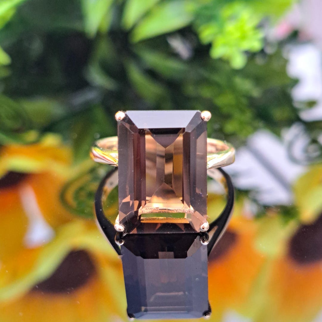 Smoky Quartz Gold 14k Solid Gold Ring, 14x10 Emerald Cut Natural ...