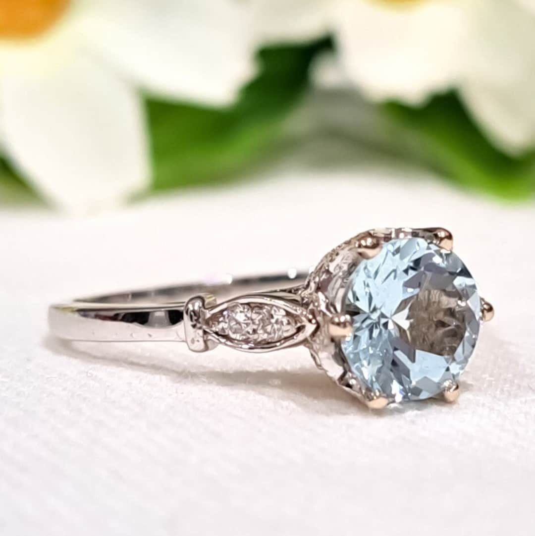 1.20 Carat Natural Aquamarine & Diamonds 14k Solid Gold Ring 7mm Round Cut Gemstones Classic ...
