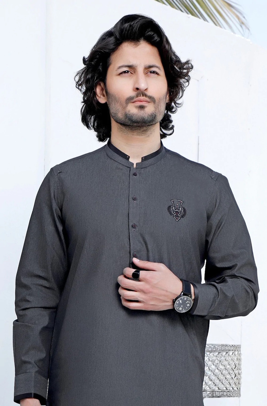 Pakistani Indian Men Charcoal Greyshalwar Kameez, Patch Work, Finest ...
