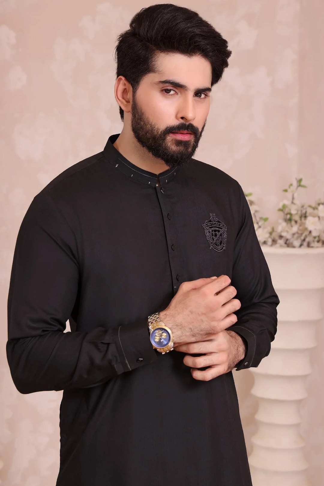 Pakistani Indian Men Black Shalwar Kameez, Patch Work, Finest Stitch ...