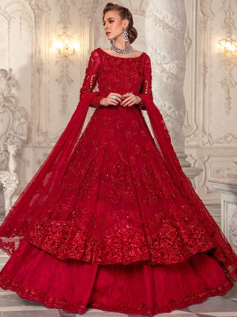 Lehenga de organza roja hecha a mano, vestido bordado pakistaní-indio ...