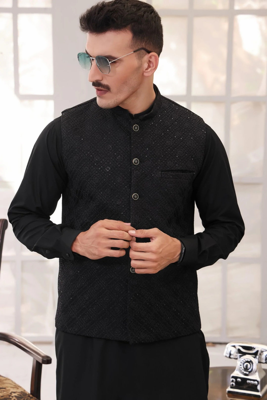 Pakistani Indian Men Black Waist Coat, Hand Made, Premium Quality ...