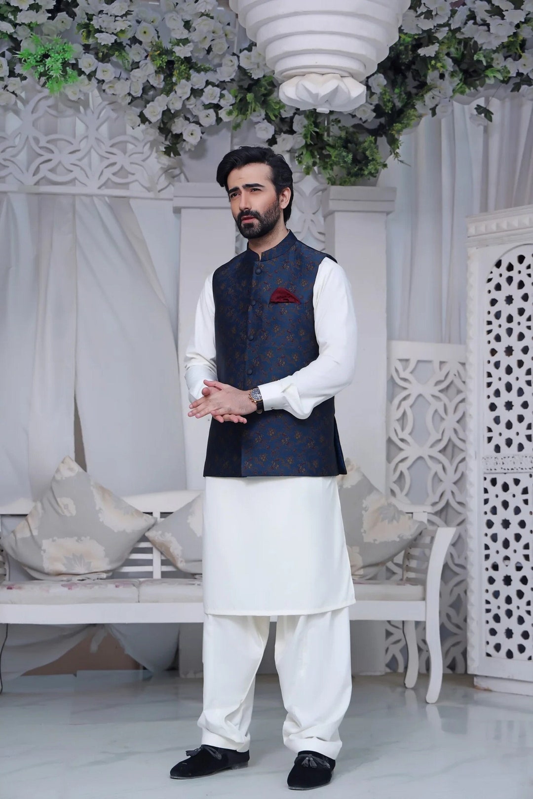 Men Pakistani Indian Atlas Waist Coat, Shalwar Kameez, Decent Combo ...