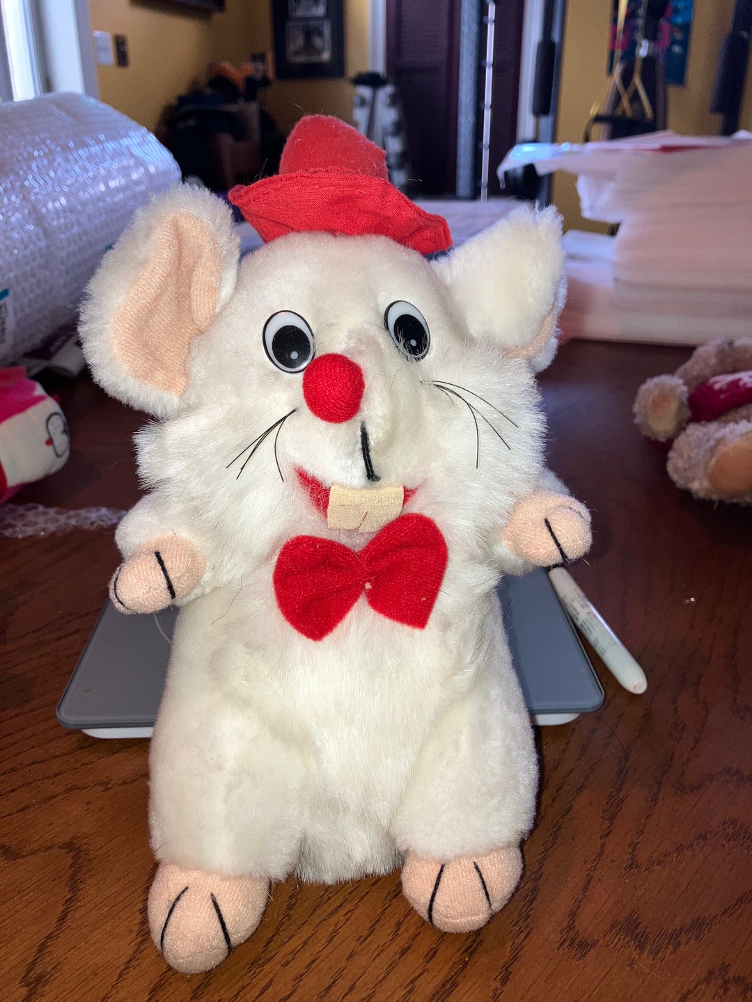 Vintage White Mouse With Red Hat Plush Toy - Etsy