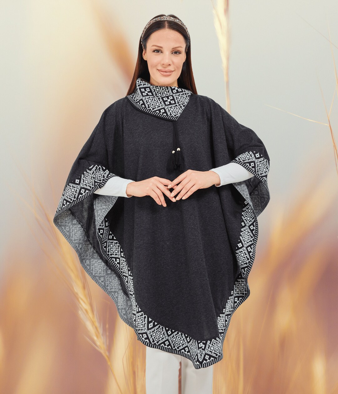 Wool Turtleneck Poncho Black Gray Lace Embroidered Poncho - Etsy