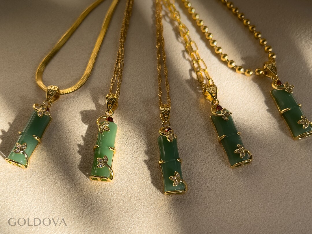 Dark Green Jade Bamboo Necklace With Gold Filled Chain , Nephrite Jade ...