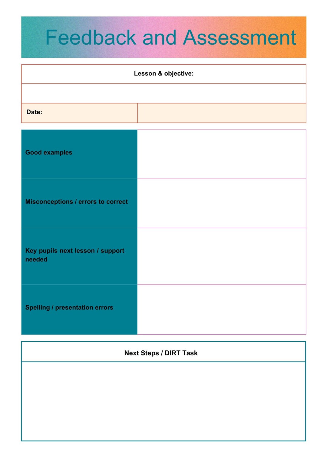 Assessment and Feedback Sheet / DIRT Marking - Etsy