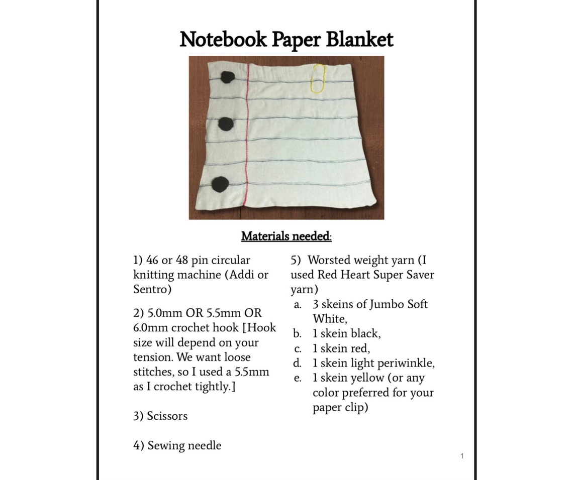 Notebook Paper Blanket Pattern (PDF ONLY) for Circular Knitting Machine ...
