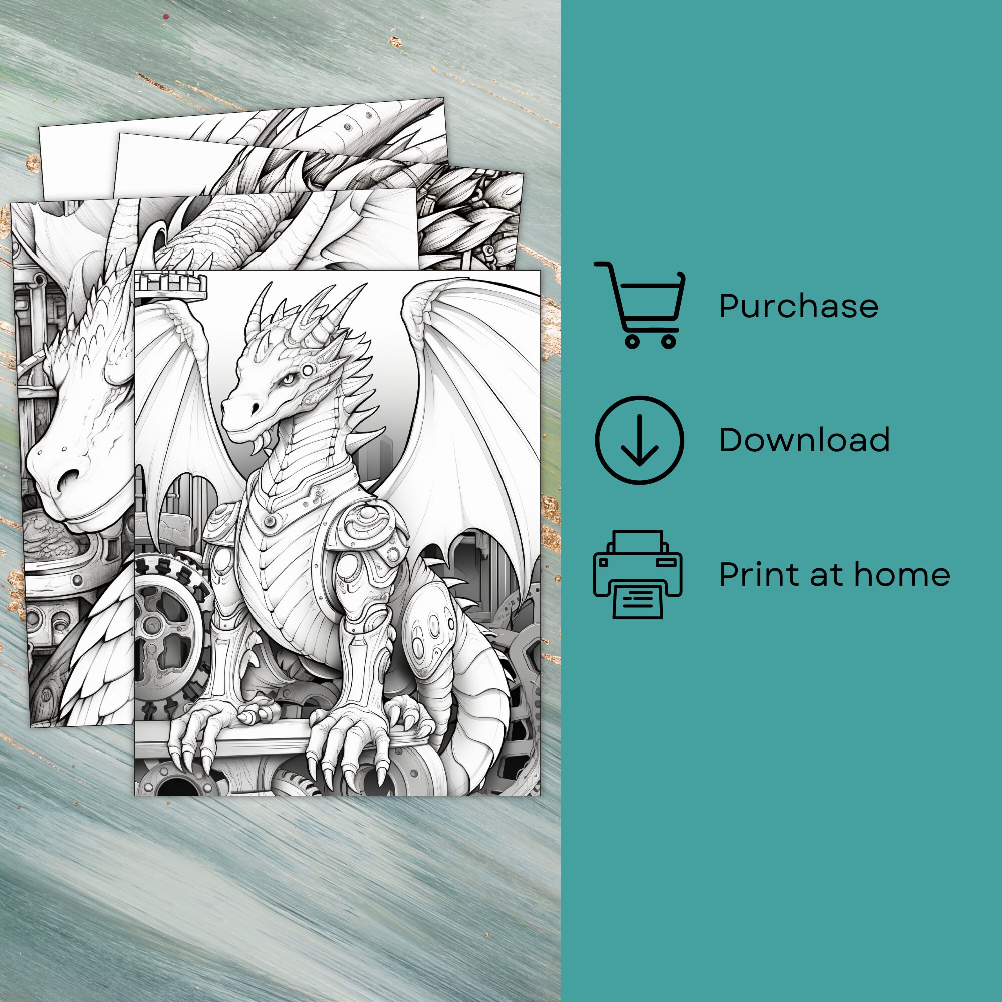 200 Steampunk Dragon Coloring Pages, Printable PDF, Fantasy Art, Dragon ...