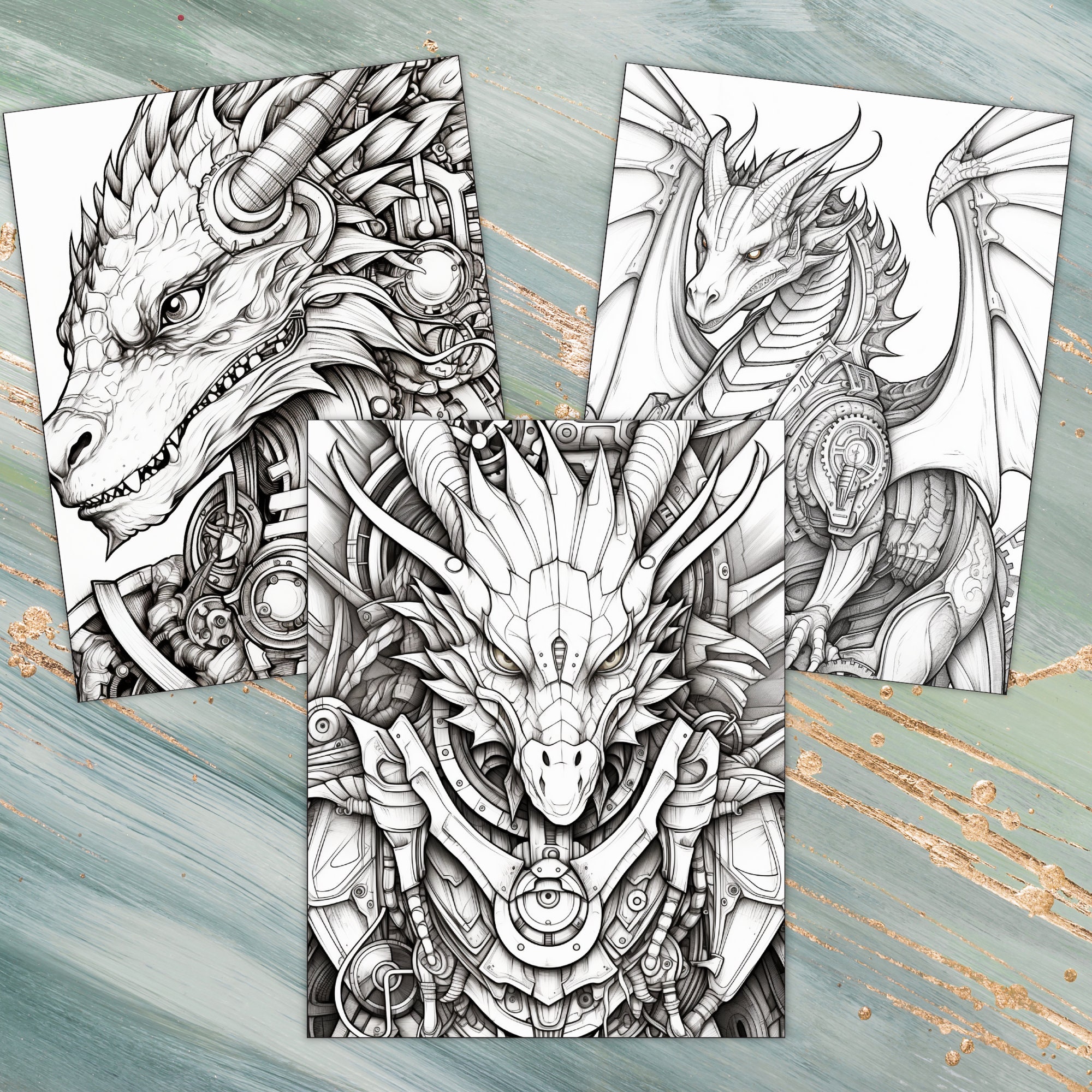 200 Steampunk Dragon Coloring Pages, Printable PDF, Fantasy Art, Dragon ...